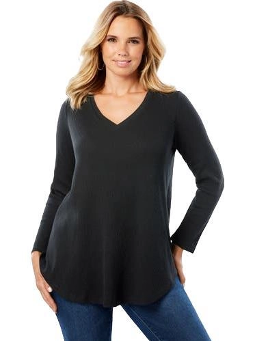 Roaman's Knit Thermal V-neck Swing Tunic With Long Sleeves - Black