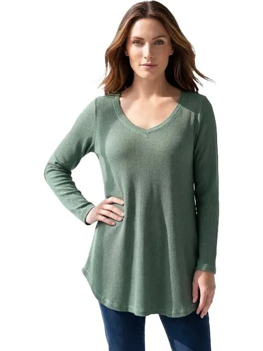 Roaman's Knit Thermal V-neck Swing Tunic With Long Sleeves - Cool Sage