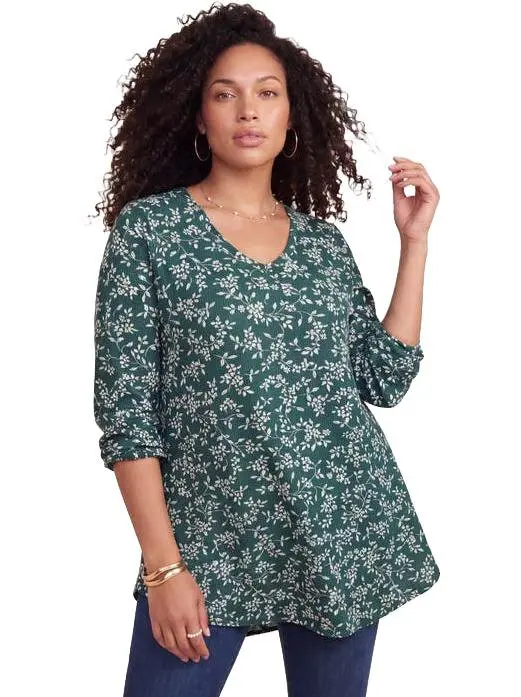 Roaman's Knit Thermal V-neck Swing Tunic With Long Sleeves - Emerald Daisy