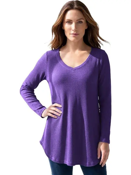 Roaman's Knit Thermal V-neck Swing Tunic With Long Sleeves - Midnight Violet