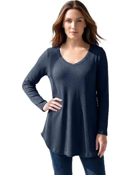 Roaman's Knit Thermal V-neck Swing Tunic With Long Sleeves - Navy