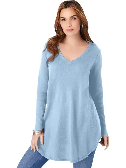 Roaman's Knit Thermal V-neck Swing Tunic With Long Sleeves - Pale Blue