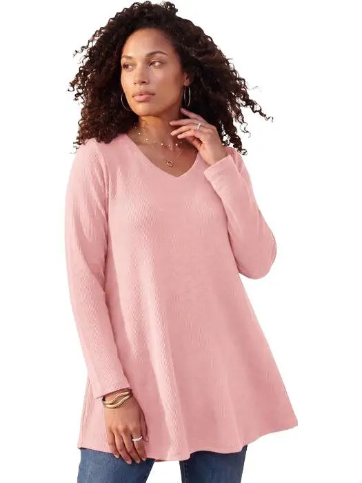 Roaman's Knit Thermal V-neck Swing Tunic With Long Sleeves - Soft Blush