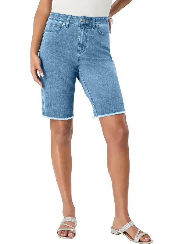 Roaman's Frayed Hem Bermuda Jean Shorts - Light Stonewash