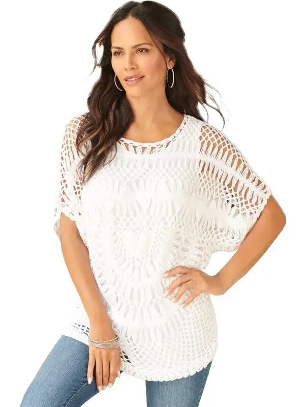 Roaman's Relaxed Pullover Crochet Sweater With Batwing Sleeves - White
