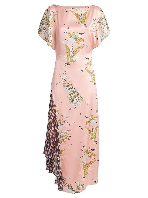 Staud Fawn Silk Blend Midi Dress With Floral Print And Draped Panel - Pink