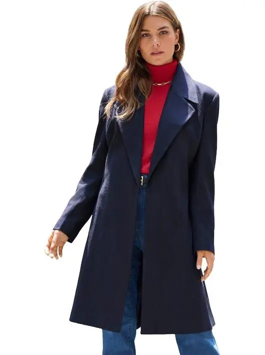 Roaman's Belted A-line Wool Blend Coat - Navy