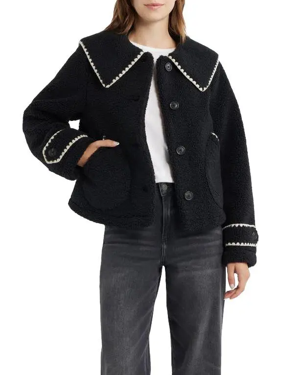 UGG Nikia Fleece Jacket With Oversized Collar And Whipstitched Trim - Black