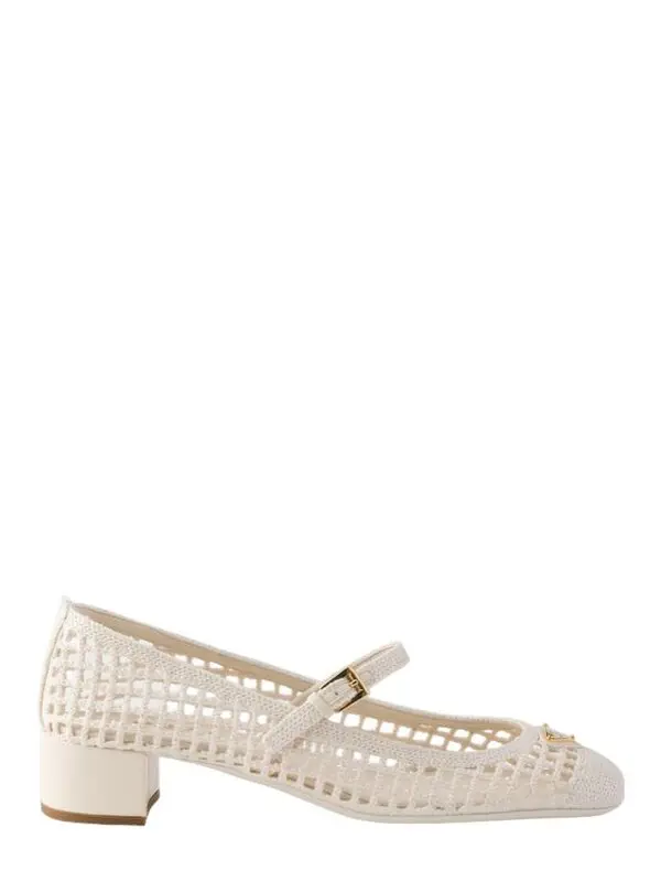 Prada Crochet Mary Jane Pumps With Metal Buckle Detail - Ivory
