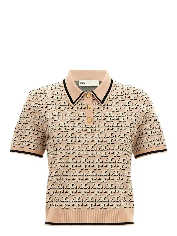 Tory Burch Logo Jacquard Knit Polo Shirt - Nude