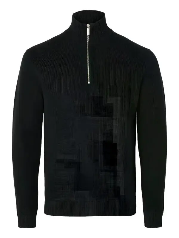 SELECTED Quarter-zip Knitted Sweater With Ribbed Detailing - Black