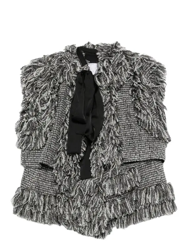 Sacai Sleeveless Tweed Effect Tiered Fringe Trimmed Pussy-bow Blouse - Multicolor