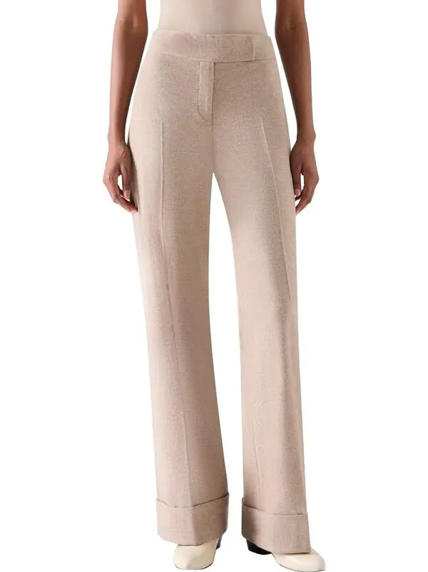 Akris Wool Flannel Wide Leg Pants With Deep Cuffs - Oat