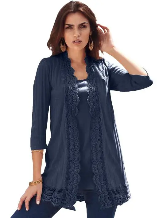 Roaman's Crochet Trim Pointelle Cardigan - Navy