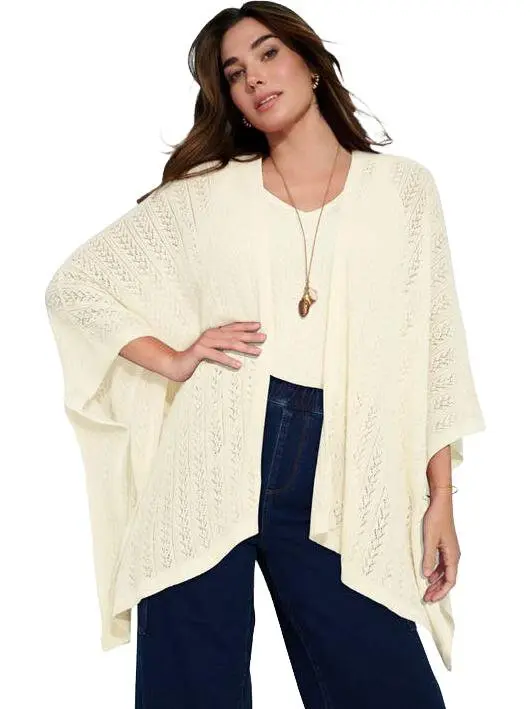 Roaman's Pointelle Open Front Ruana Cardigan - Ivory