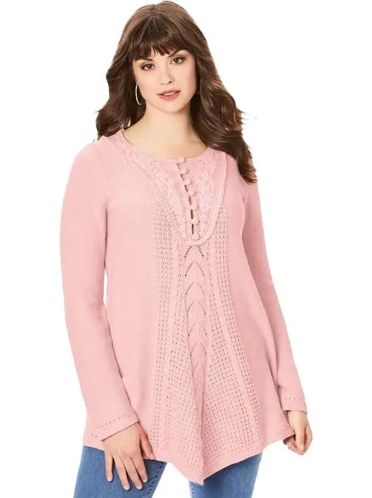 Roaman's Lace Yoke Pullover Sweater - Soft Blush