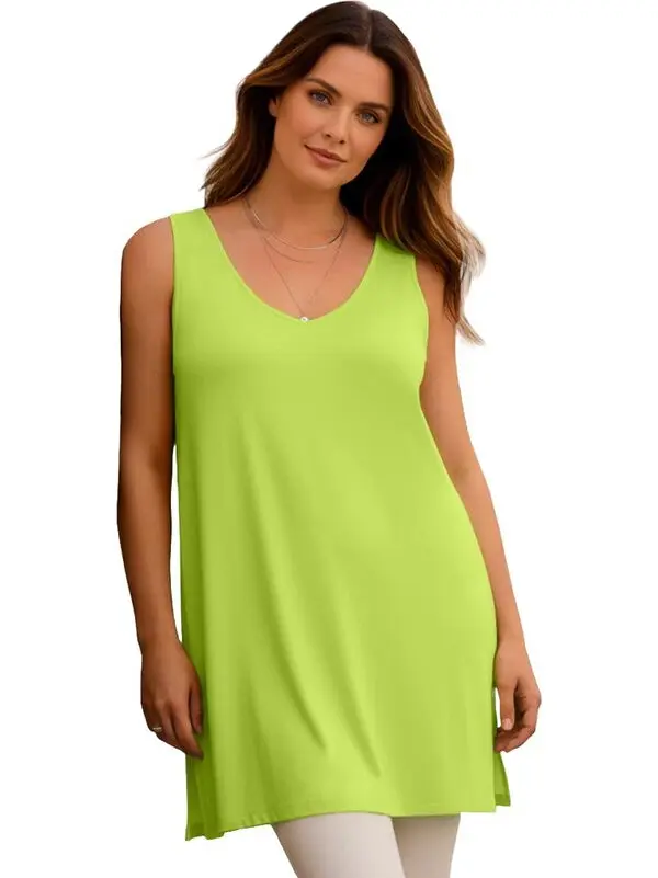 Roaman's Ultra Drape V Neck Hi-low X Back Tunic Tank - Lime