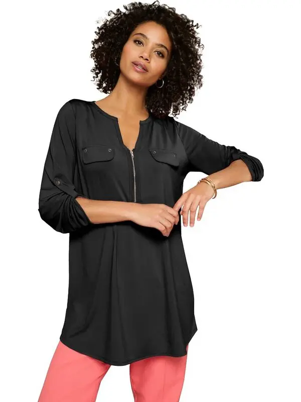 Roaman's Zip Front Ultrasmooth Tunic With Roll-tab Sleeves - Black
