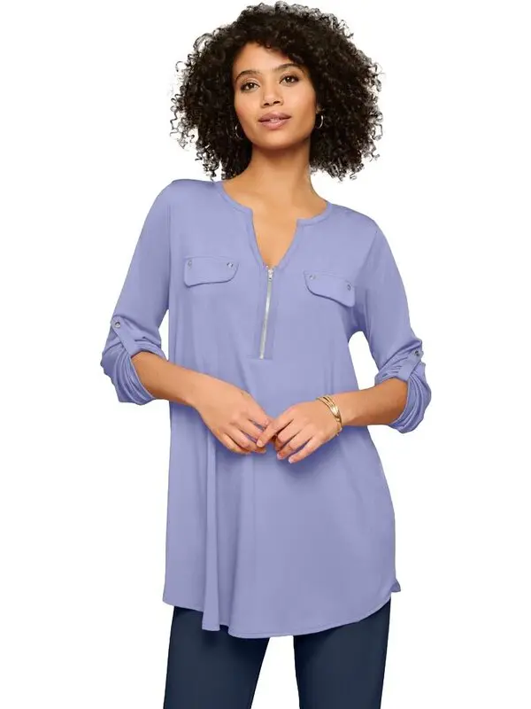 Roaman's Zip Front Ultrasmooth Tunic With Roll-tab Sleeves - Cool Lilac