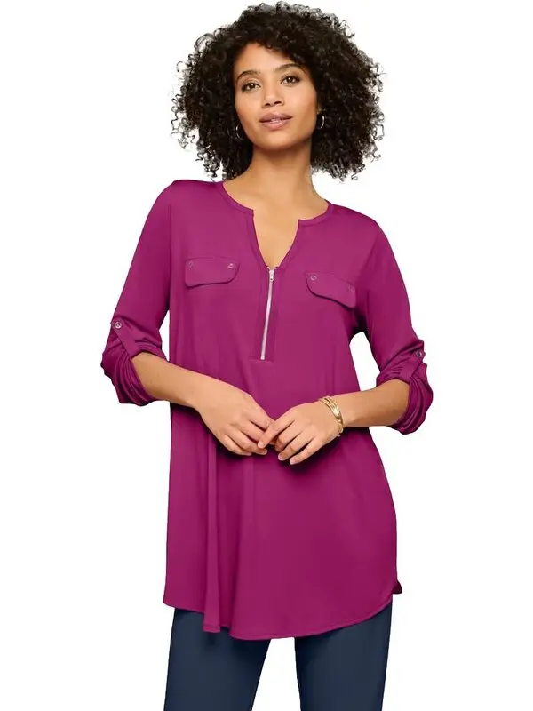 Roaman's Zip Front Ultrasmooth Tunic With Roll-tab Sleeves - Raspberry