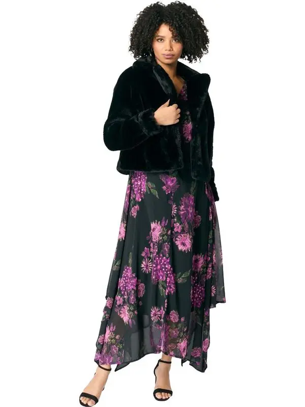 Roaman's Cropped Faux Fur Shrug With Rounded Collar - Black