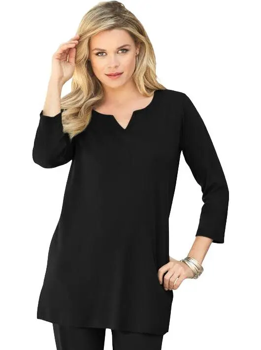 Roaman's Three-quarter Sleeve Notch Neck Soft Knit Tunic - Black