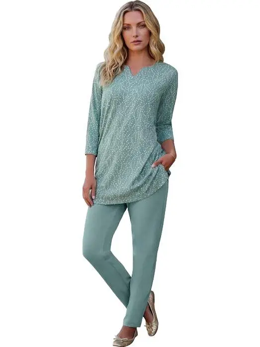 Roaman's Three-quarter Sleeve Notch Neck Soft Knit Tunic - Cool Sage