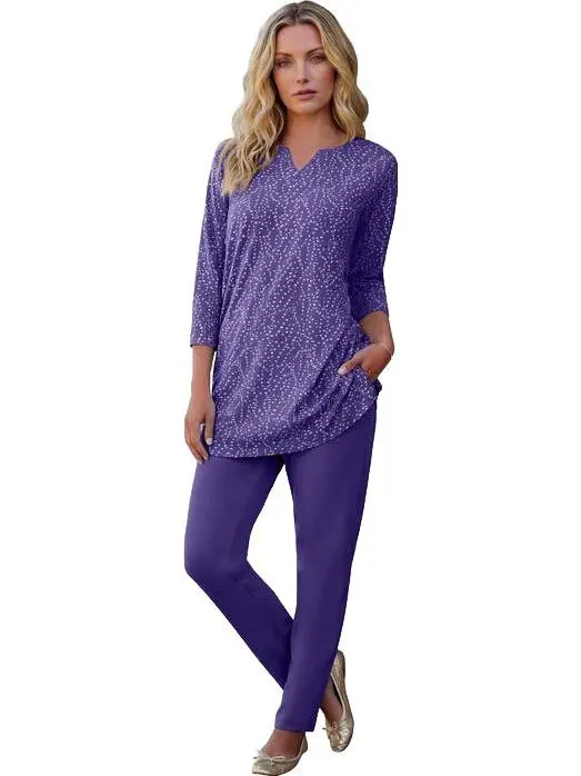 Roaman's Three-quarter Sleeve Notch Neck Soft Knit Tunic - Midnight Violet