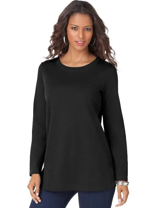 Roaman's Ultimate Cotton Crewneck Long Sleeve Tee - Black