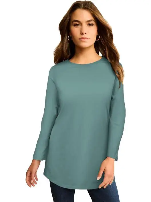 Roaman's Ultimate Cotton Crewneck Long Sleeve Tee - Cool Sage
