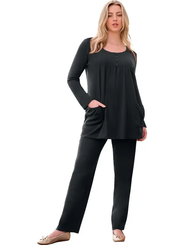 Roaman's Two-pocket Long-sleeve Soft Knit Swing Tunic - Black