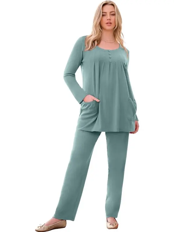 Roaman's Two-pocket Long-sleeve Soft Knit Swing Tunic - Cool Sage