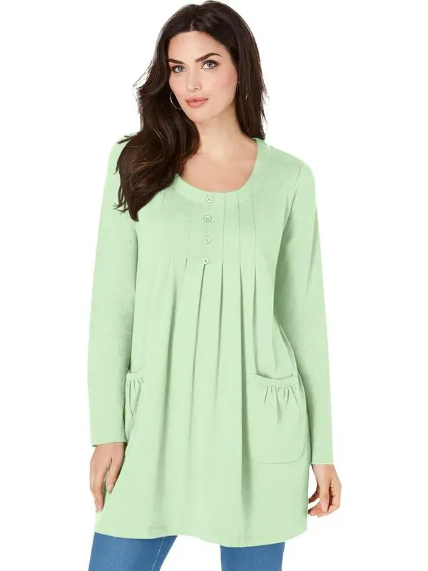 Roaman's Two-pocket Long-sleeve Soft Knit Swing Tunic - Green Mint