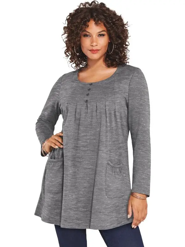 Roaman's Two-pocket Long-sleeve Soft Knit Swing Tunic - Medium Heather Grey