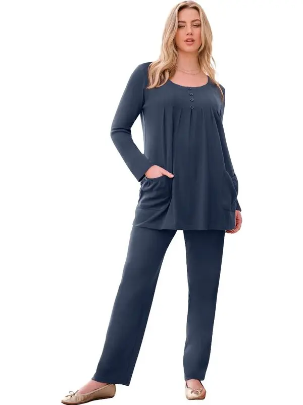 Roaman's Two-pocket Long-sleeve Soft Knit Swing Tunic - Navy