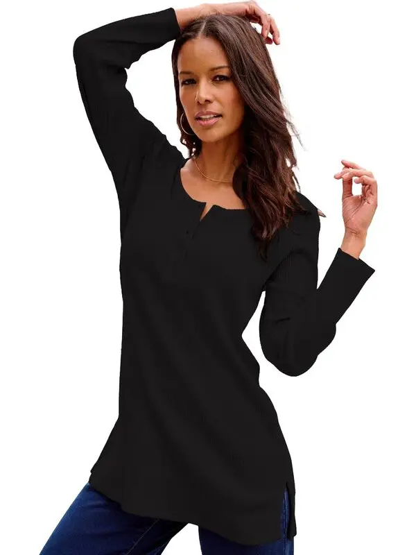 Roaman's Knit Thermal Henley Top Long Sleeve - Black