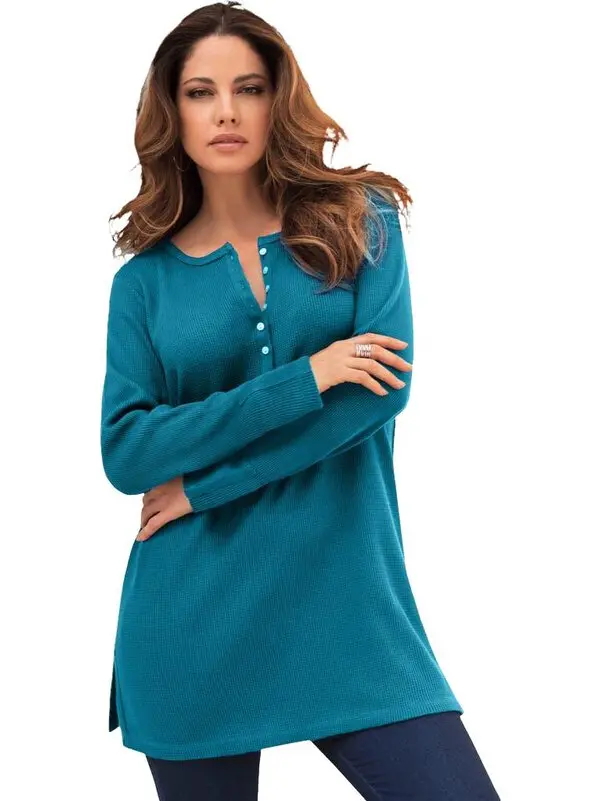 Roaman's Knit Thermal Henley Top Long Sleeve - Deep Teal