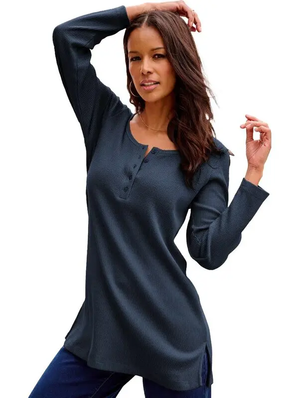 Roaman's Knit Thermal Henley Top Long Sleeve - Navy