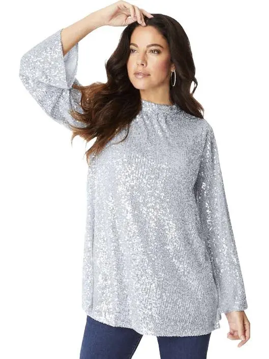 Roaman's Sequin Mock Neck Blouse With Bell Sleeves - Silver Shimmer