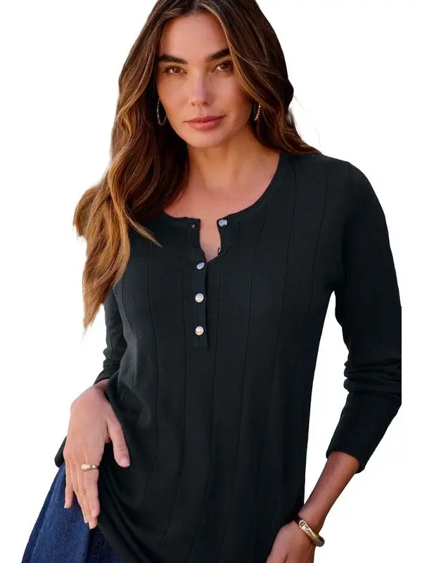 Roaman's Drop Needle Henley Lightweight Sweater Knit - Black