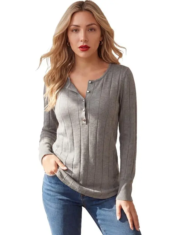 Roaman's Drop Needle Henley Lightweight Sweater Knit - Medium Heather Grey