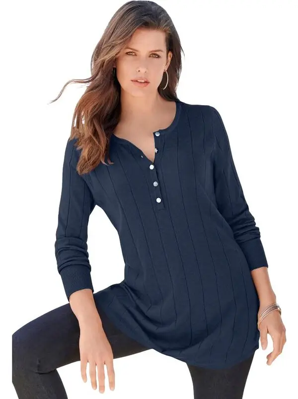 Roaman's Drop Needle Henley Lightweight Sweater Knit - Navy