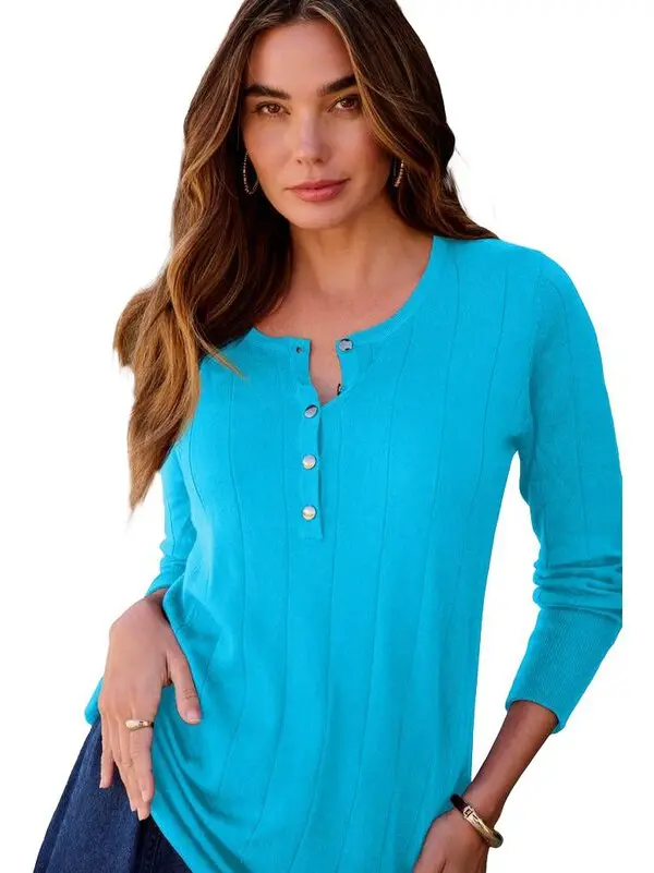 Roaman's Drop Needle Henley Lightweight Sweater Knit - Ocean