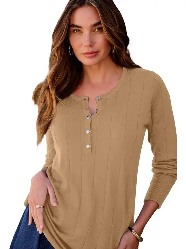 Roaman's Drop Needle Henley Lightweight Sweater Knit - Soft Camel