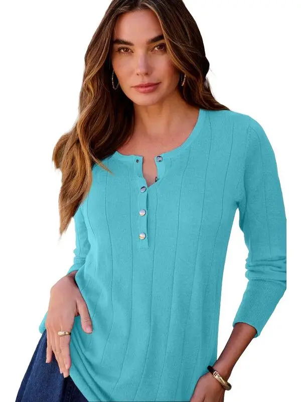 Roaman's Drop Needle Henley Lightweight Sweater Knit - Soft Turquoise