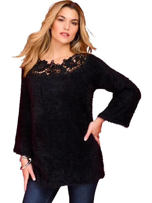 Roaman's Eyelash Lace Neck Sweater - Black