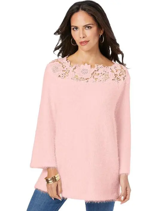 Roaman's Eyelash Lace Neck Sweater - Soft Blush