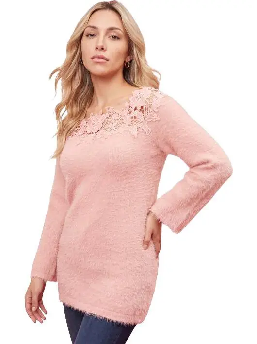 Roaman's Eyelash Lace Neck Sweater With Bell Sleeves - Soft Blush
