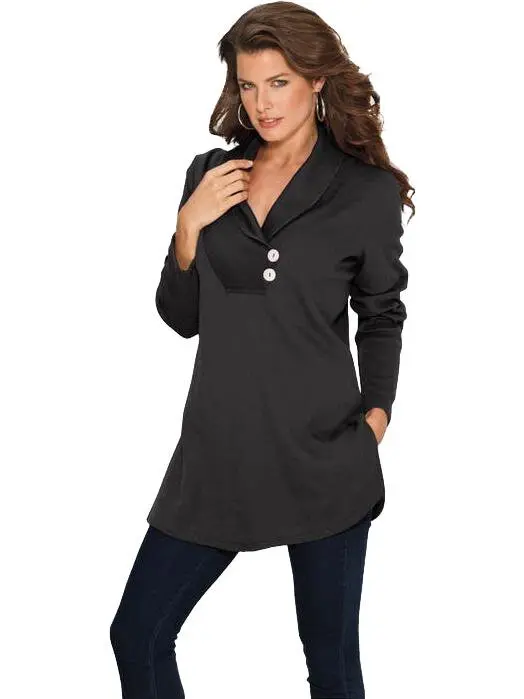 Roaman's Knit Thermal Shawl Collar Top With Long Sleeves - Black
