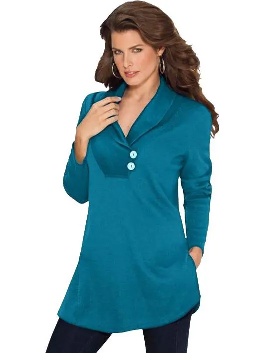 Roaman's Knit Thermal Shawl Collar Top With Long Sleeves - Deep Teal